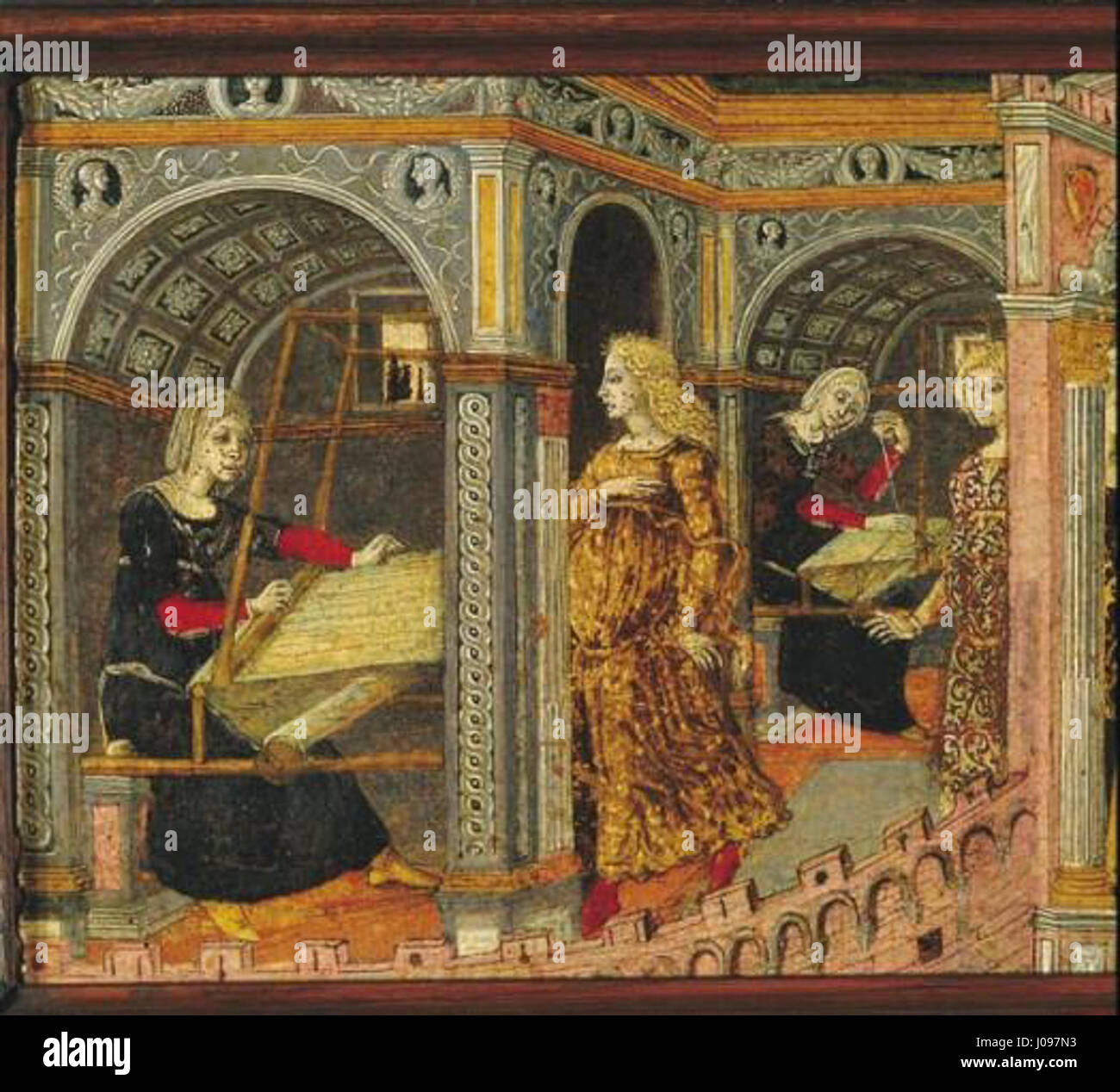 This artwork depicts Penelope at her loom, as portrayed in a classical ...