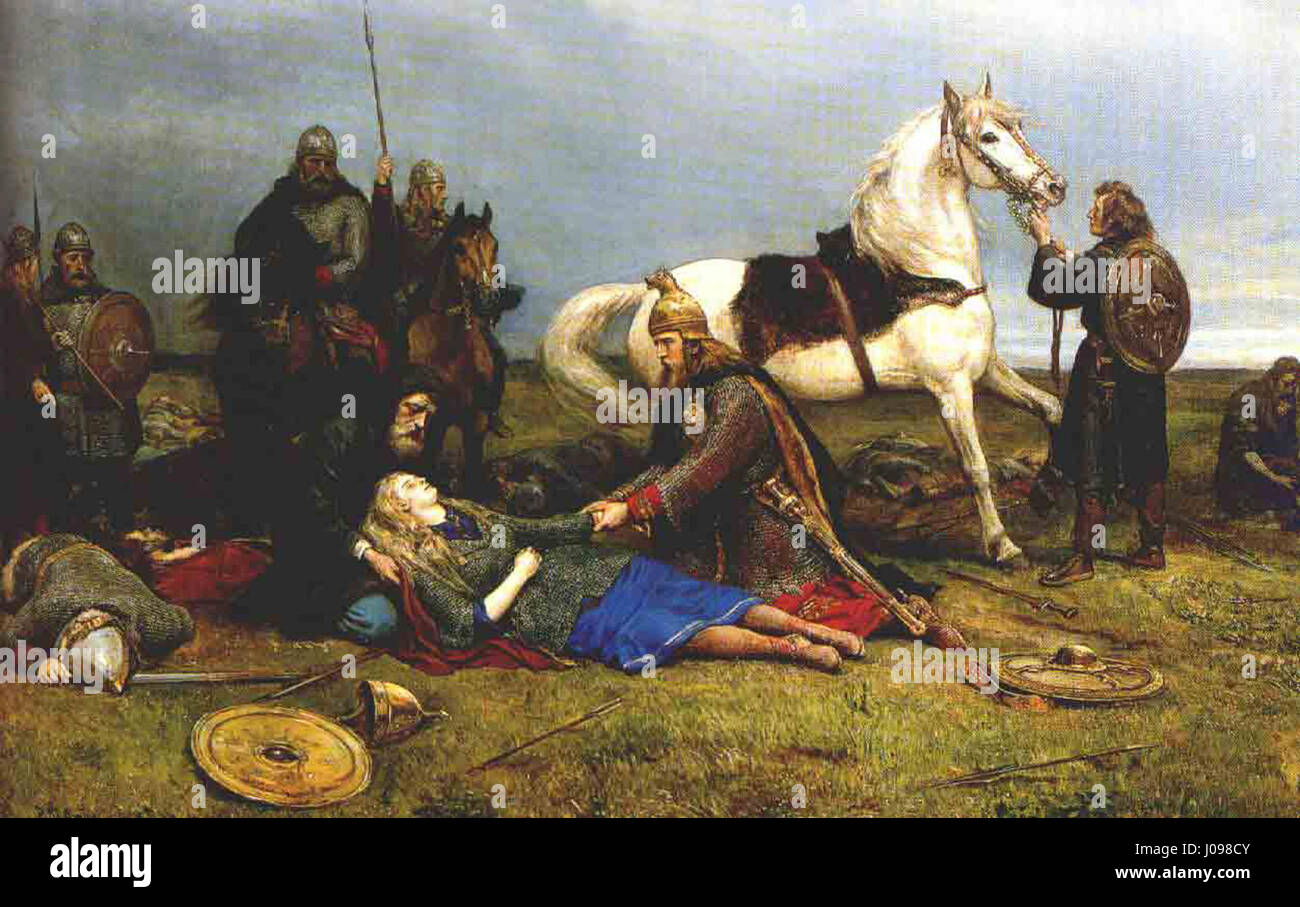 Painting by Peter Nicolai Arbo titled 'Hervors død', illustrating a ...