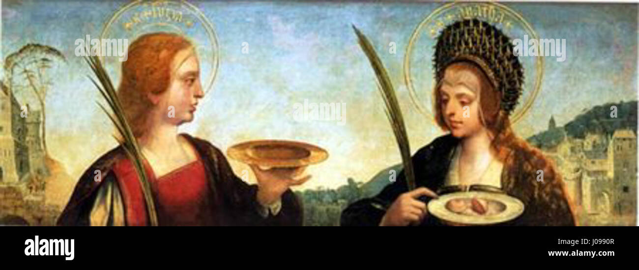 This artwork portrays Saint Lucy and Saint Agatha, two early Christian martyrs known for their ...