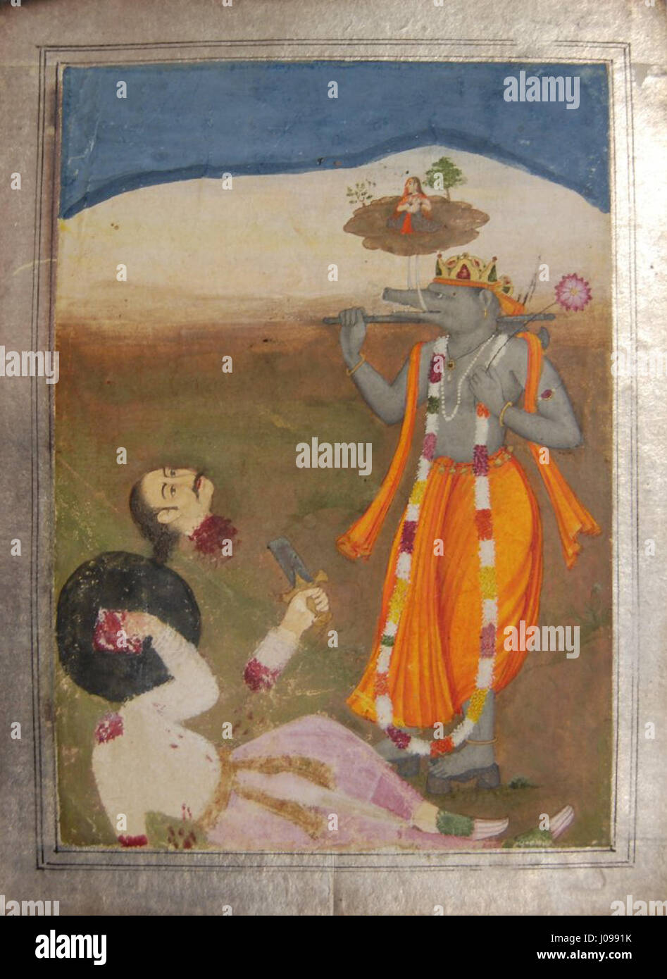 This artwork depicts Varaha, the boar avatar of the Hindu god Vishnu ...