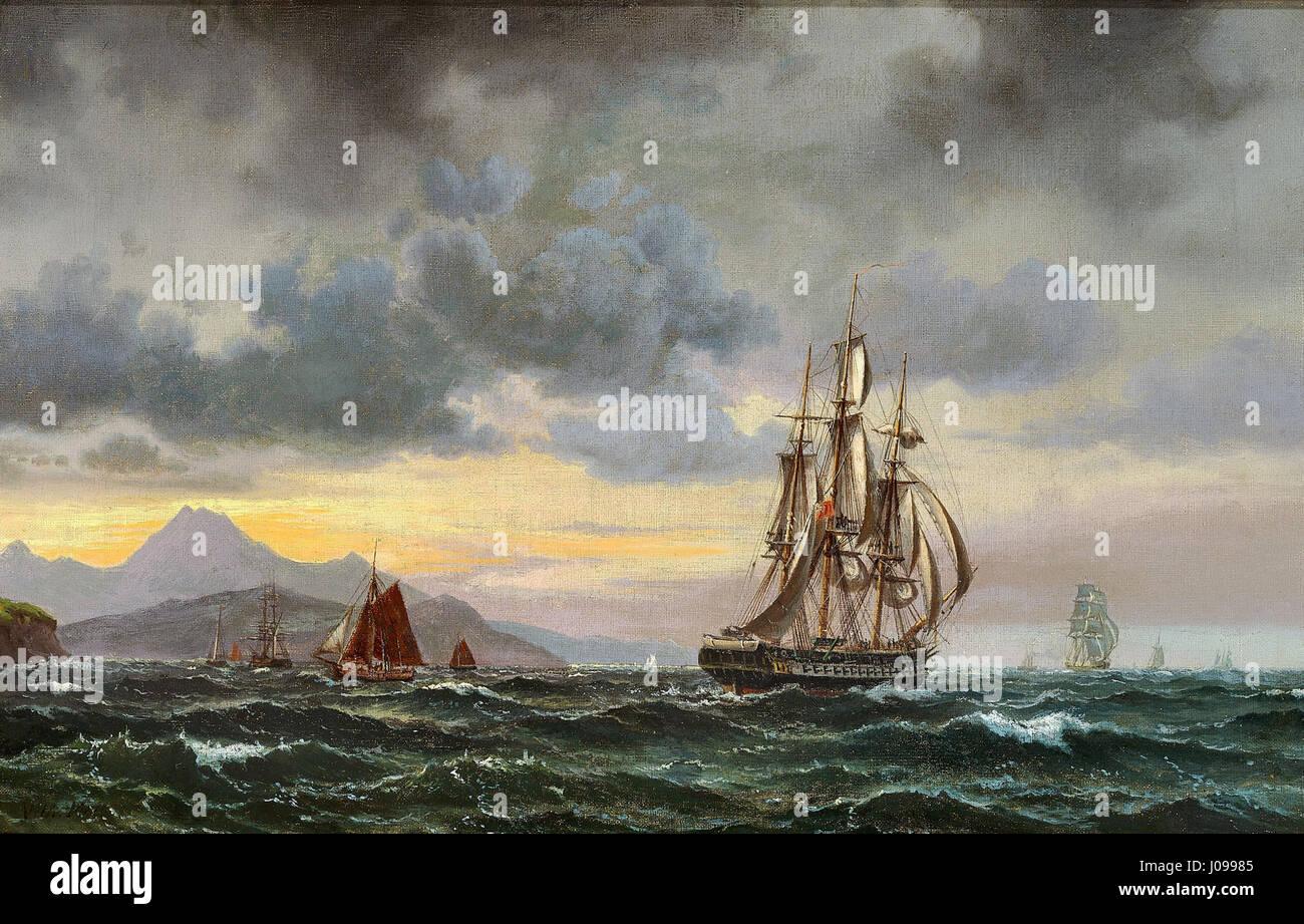Vilhelm Melbye’s maritime painting 'Marinemaleri med talrige sejlskibe ...