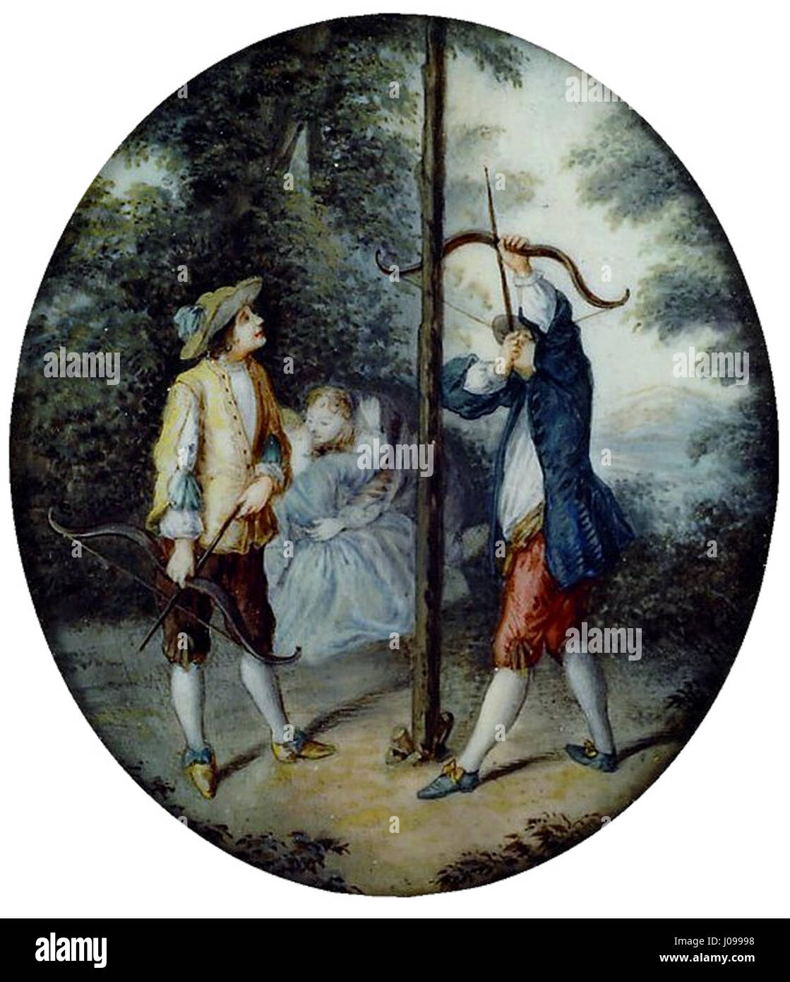 The image depicts an archery competition, focusing on participants ...