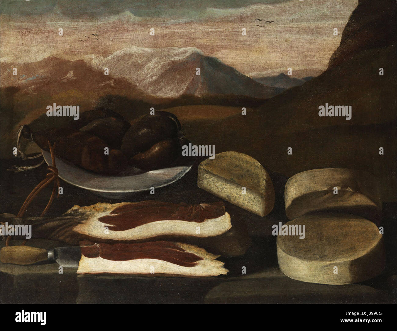 A 17th-century German still life painting featuring sausages, ham, and ...