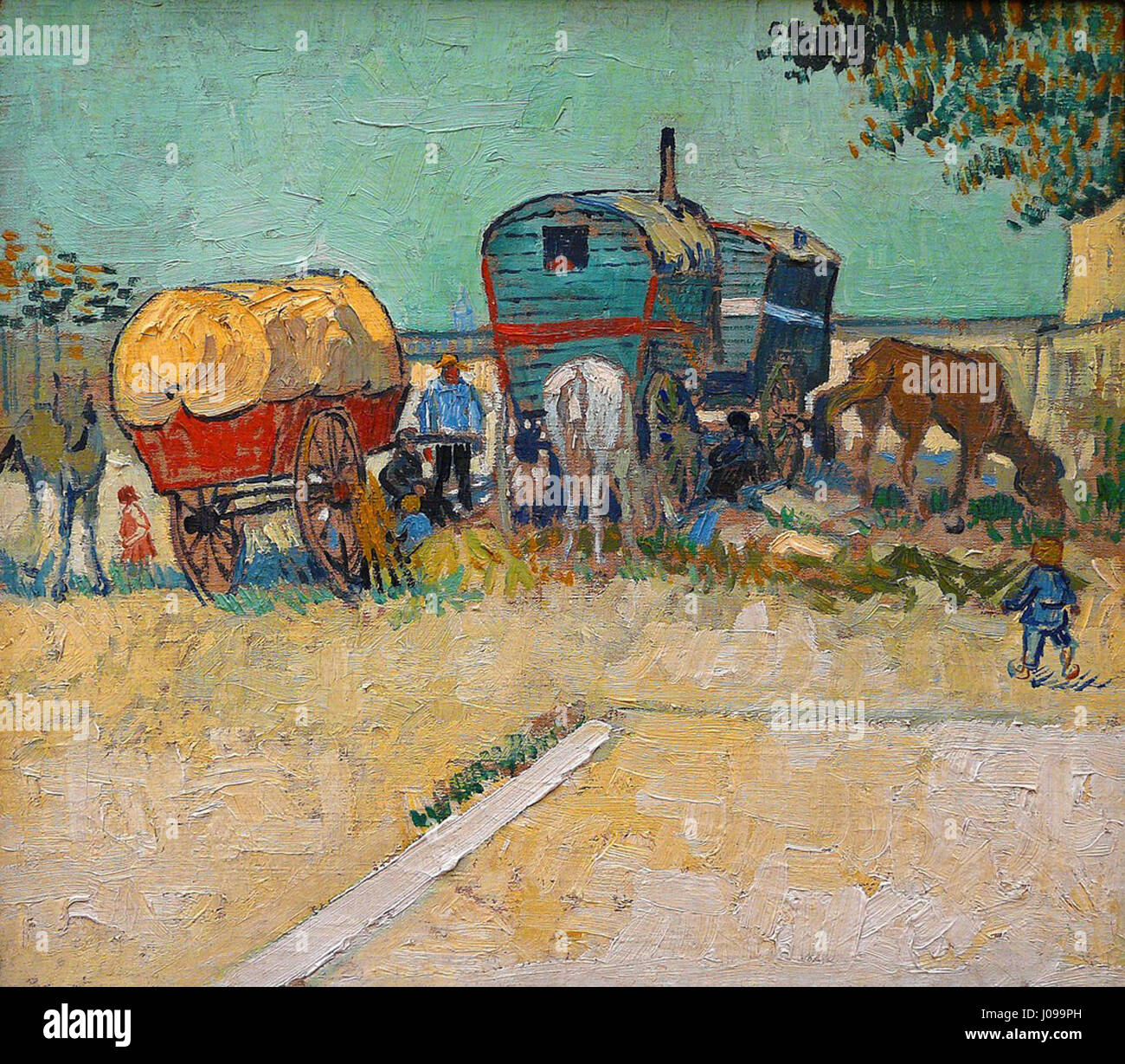 'Les roulottes, campement de bohèmes' by Vincent van Gogh depicts a ...