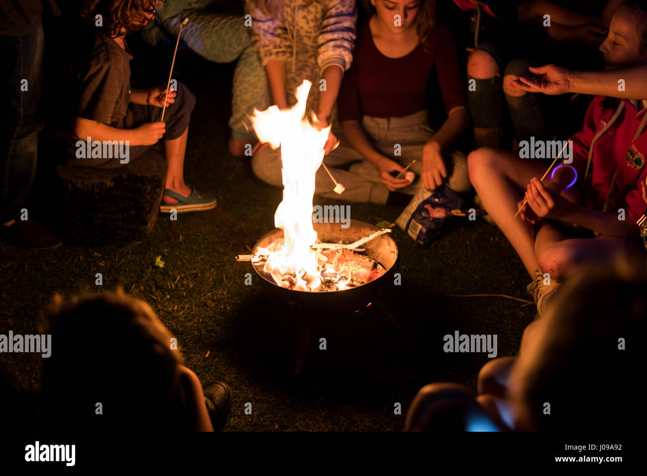 Children toasting marshmallows on sticks around a fire while away ...