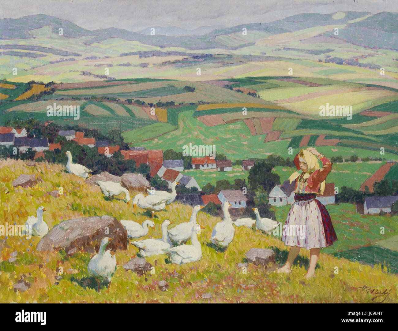 Vclav Malì’s 'Gänsehirtin' (Goose Herder) portrays a rural scene of a ...