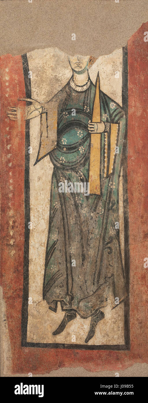 This medieval panel painting features a female donor from Esterri d ...