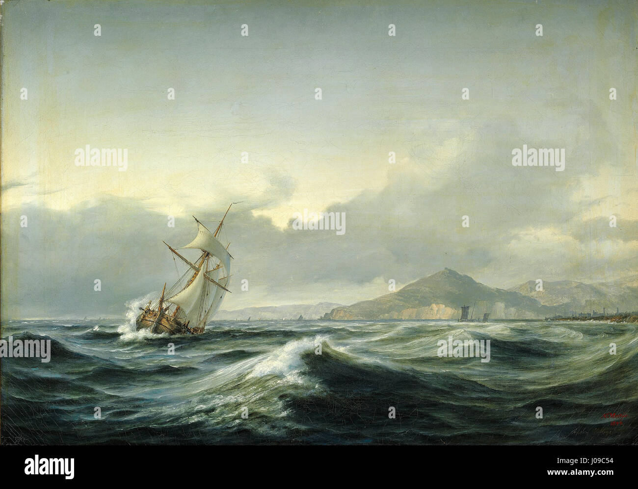 Anton Melbye’s 'Marinemaleri med sejlskib i hård sø' portrays a sailing ...