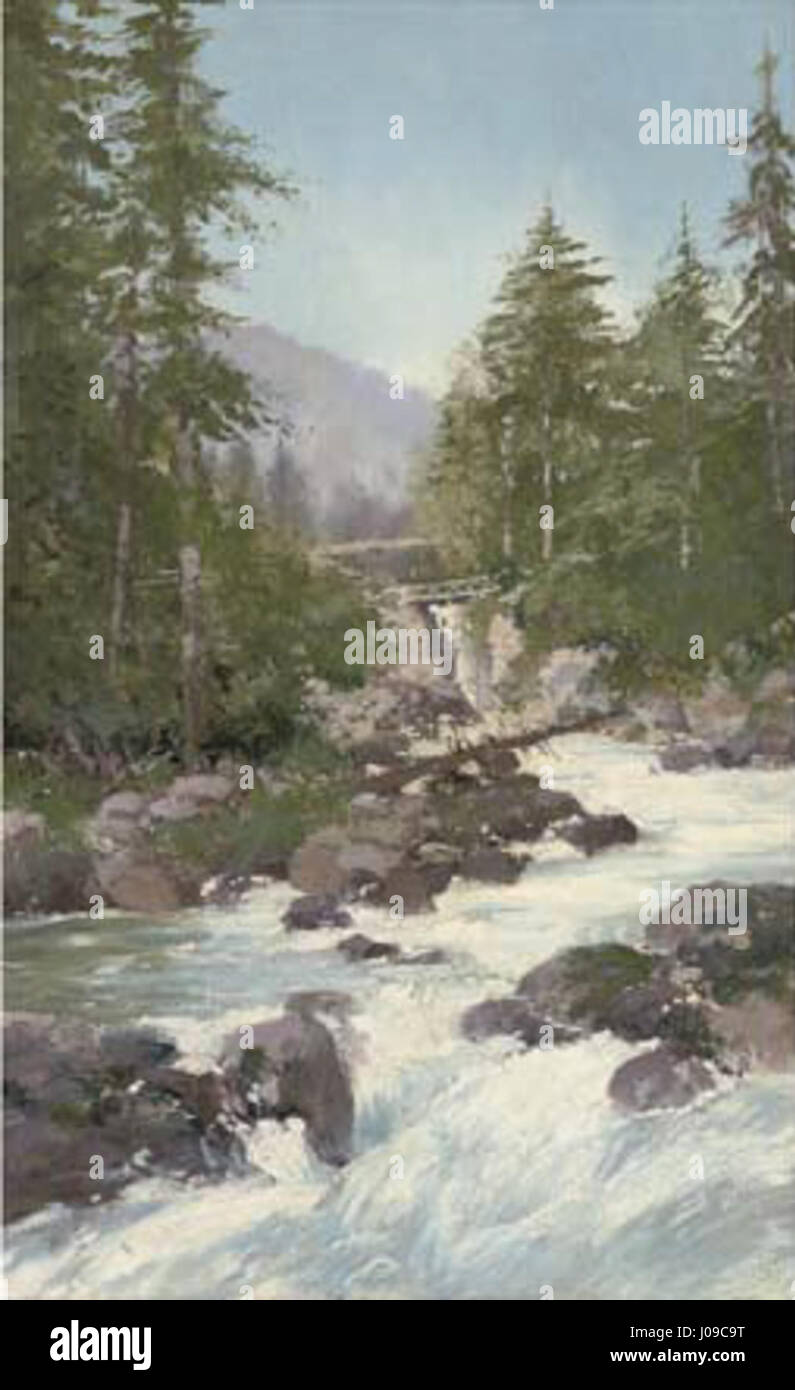 'A Mountain Torrent' by Eugène Galien-Laloue depicts a serene and ...