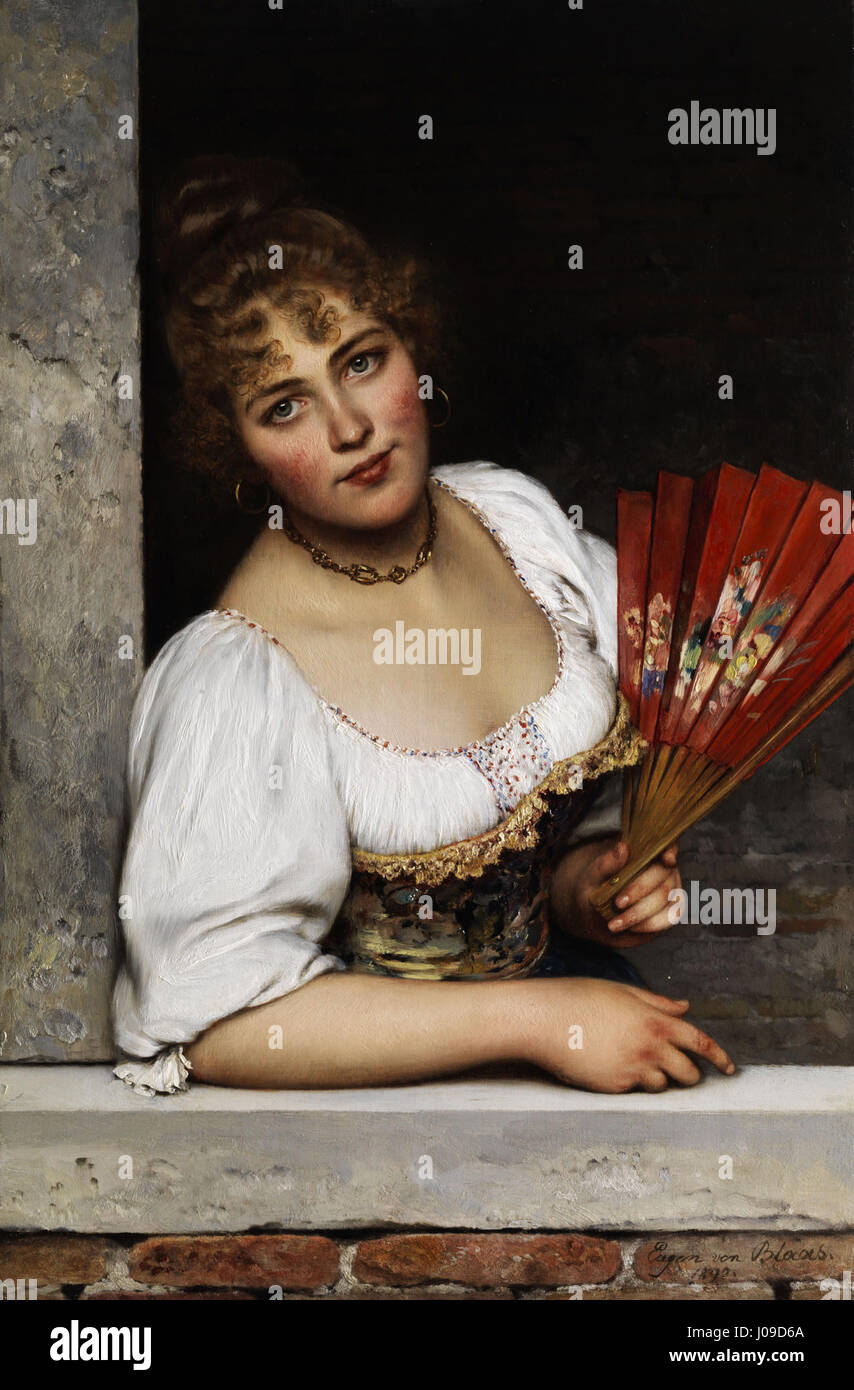 Eugen von Blaas' 'Der rote Fächer' (1892) features a woman holding a ...