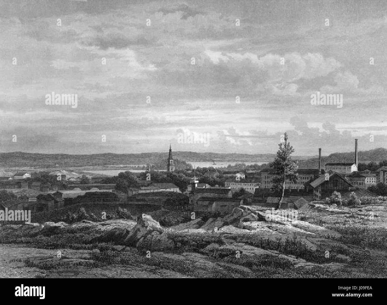 A scenic painting by J. Knutson depicting a view of Tampere from the ...