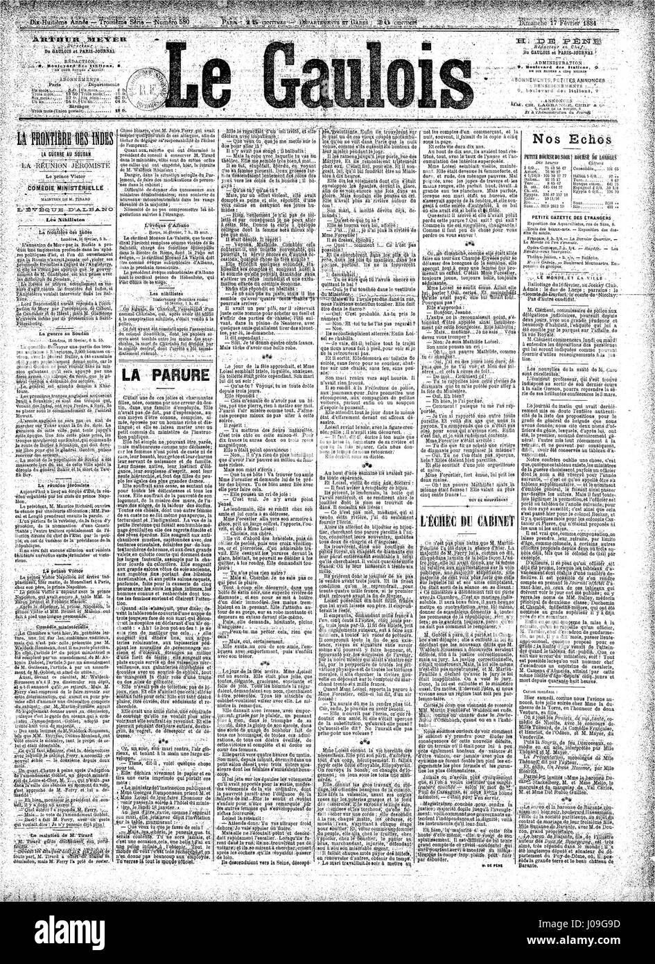 The front page of the French newspaper 'Le Gaulois' from February 17 ...