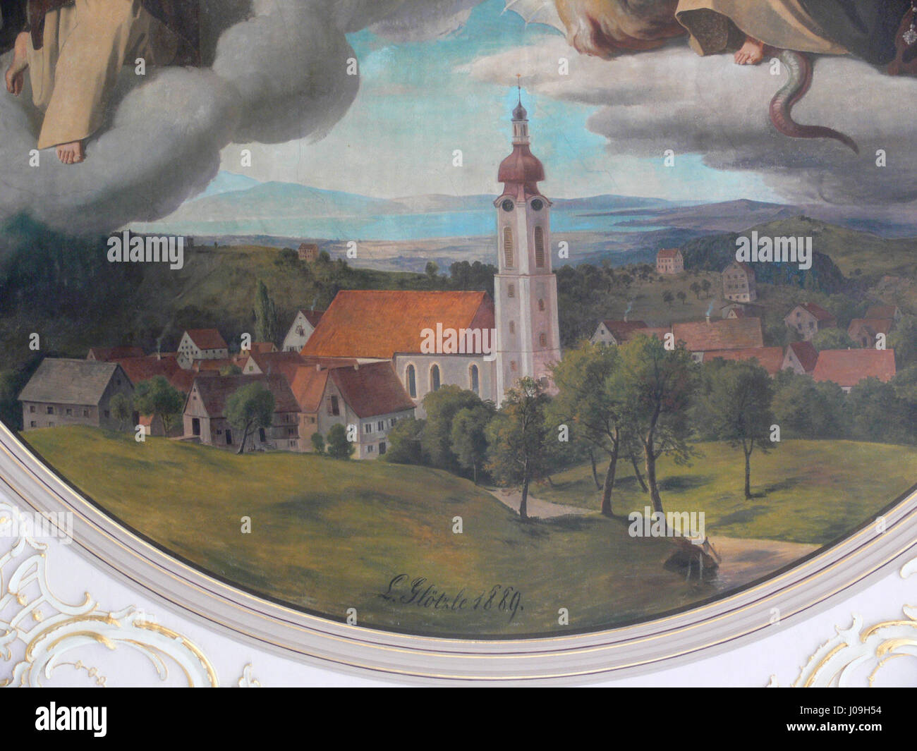 The ceiling fresco of the Pfarrkirche Scheidegg, a Catholic parish ...