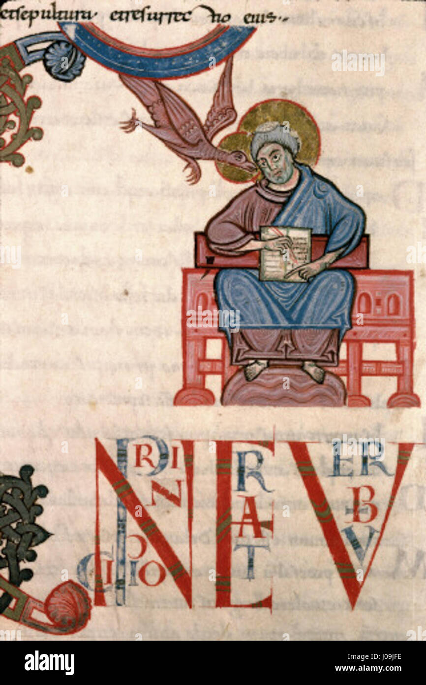 This artwork depicts St. John the Evangelist writing, with his symbol ...