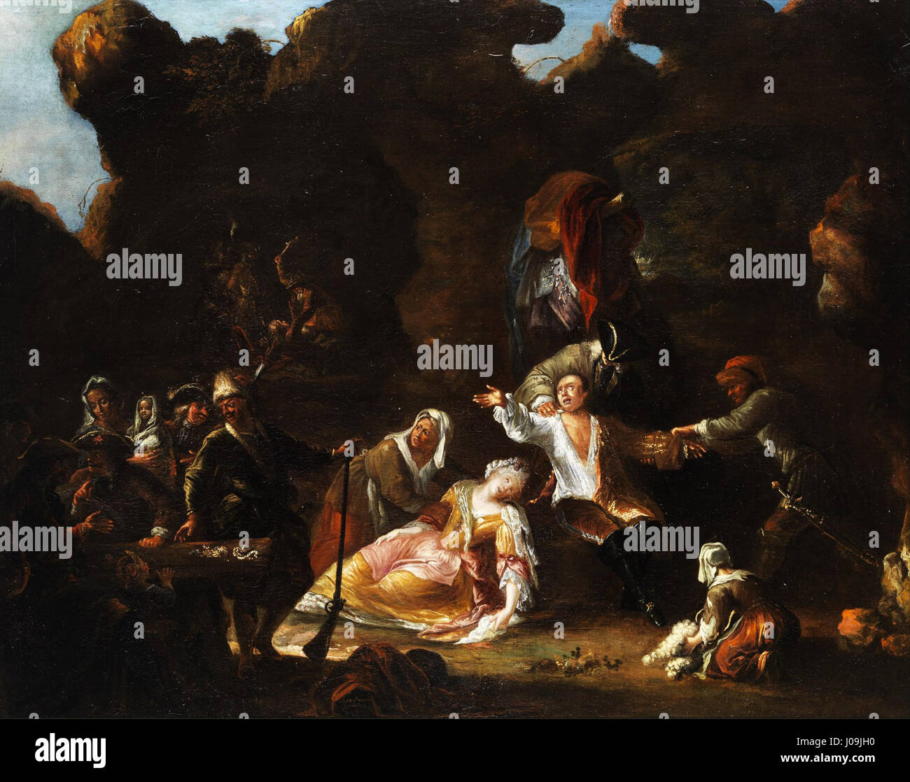 This 18th-century painting, titled 'Räuberszene,' depicts a scene of ...