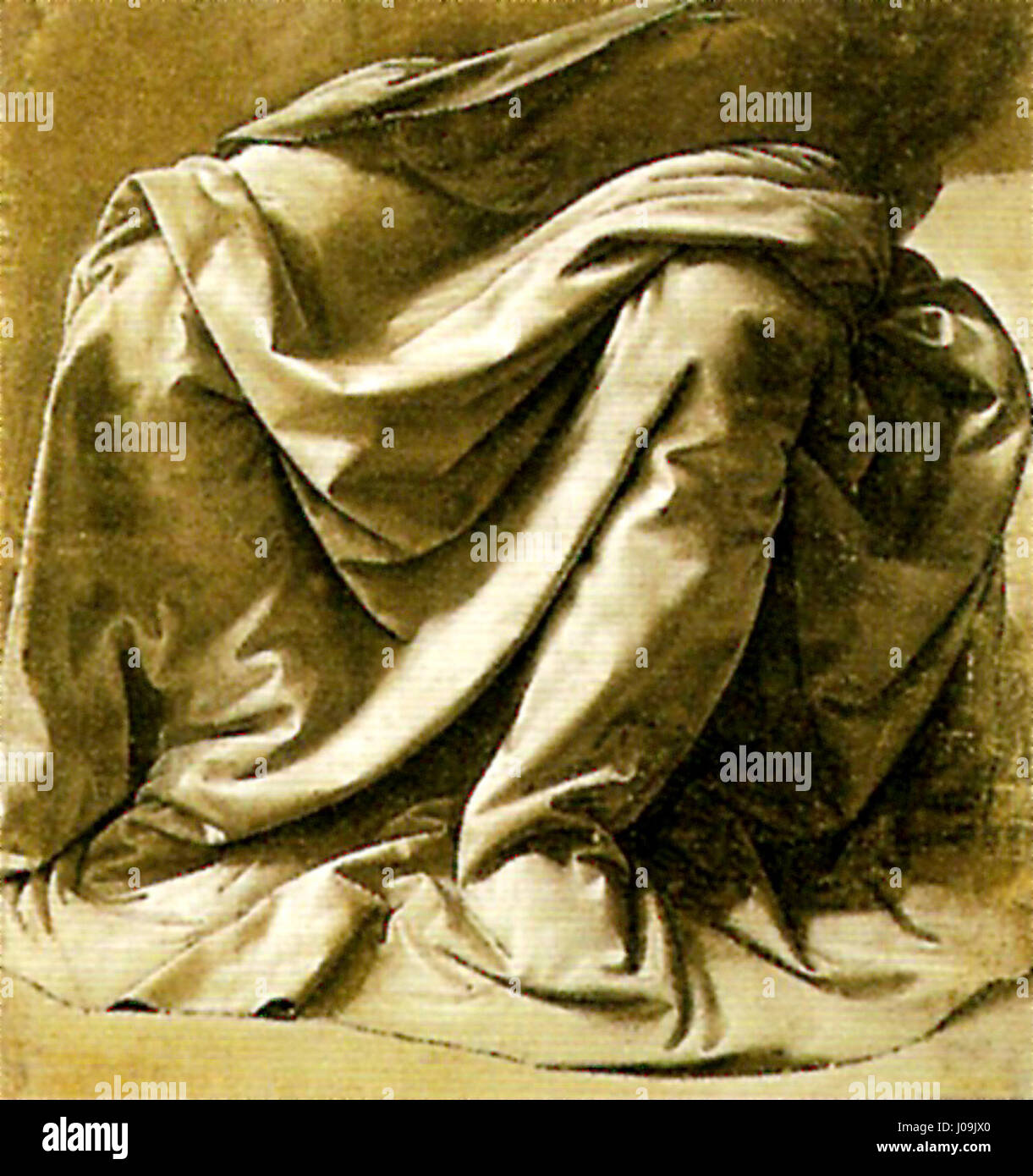 This artwork focuses on the study of a seated figure’s attire. It is a ...