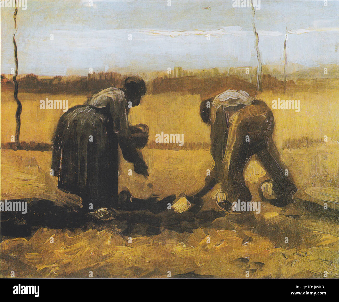 This painting by Vincent van Gogh depicts a rural scene of a farmer and ...