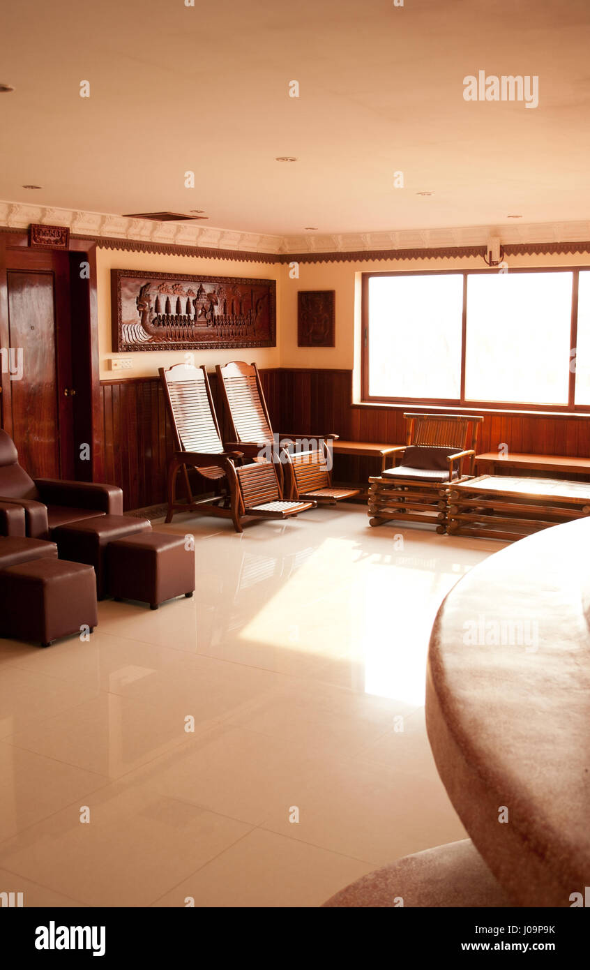 Interior of nice empty modern hall with seats and big window Stock ...