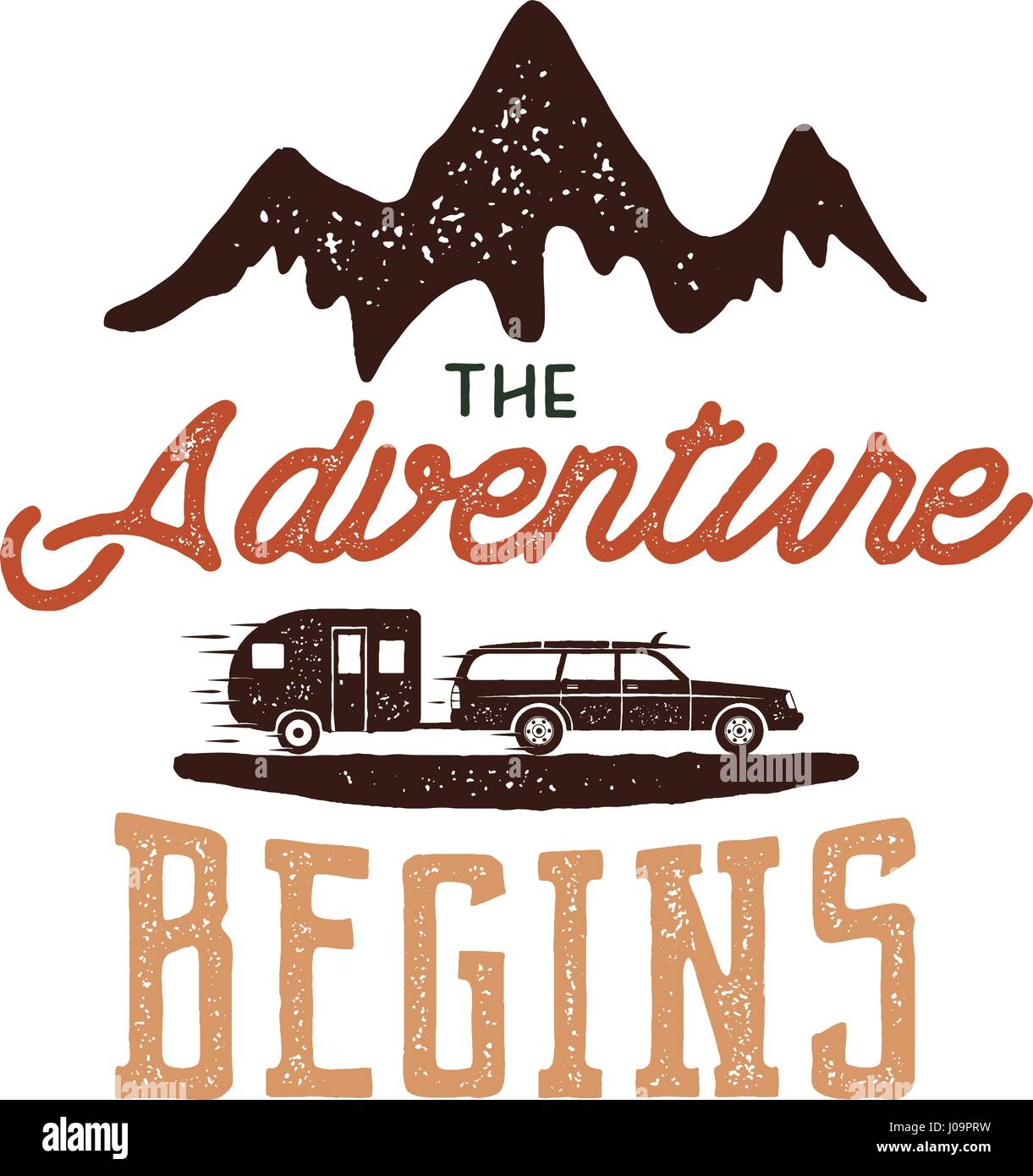 Vintage adventure Hand drawn label design. "The Adventure Begins" sign ...