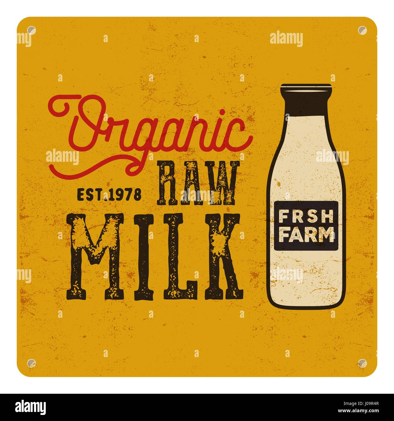 Vintage organic raw milk sign on yellow card, background. Retro classic ...