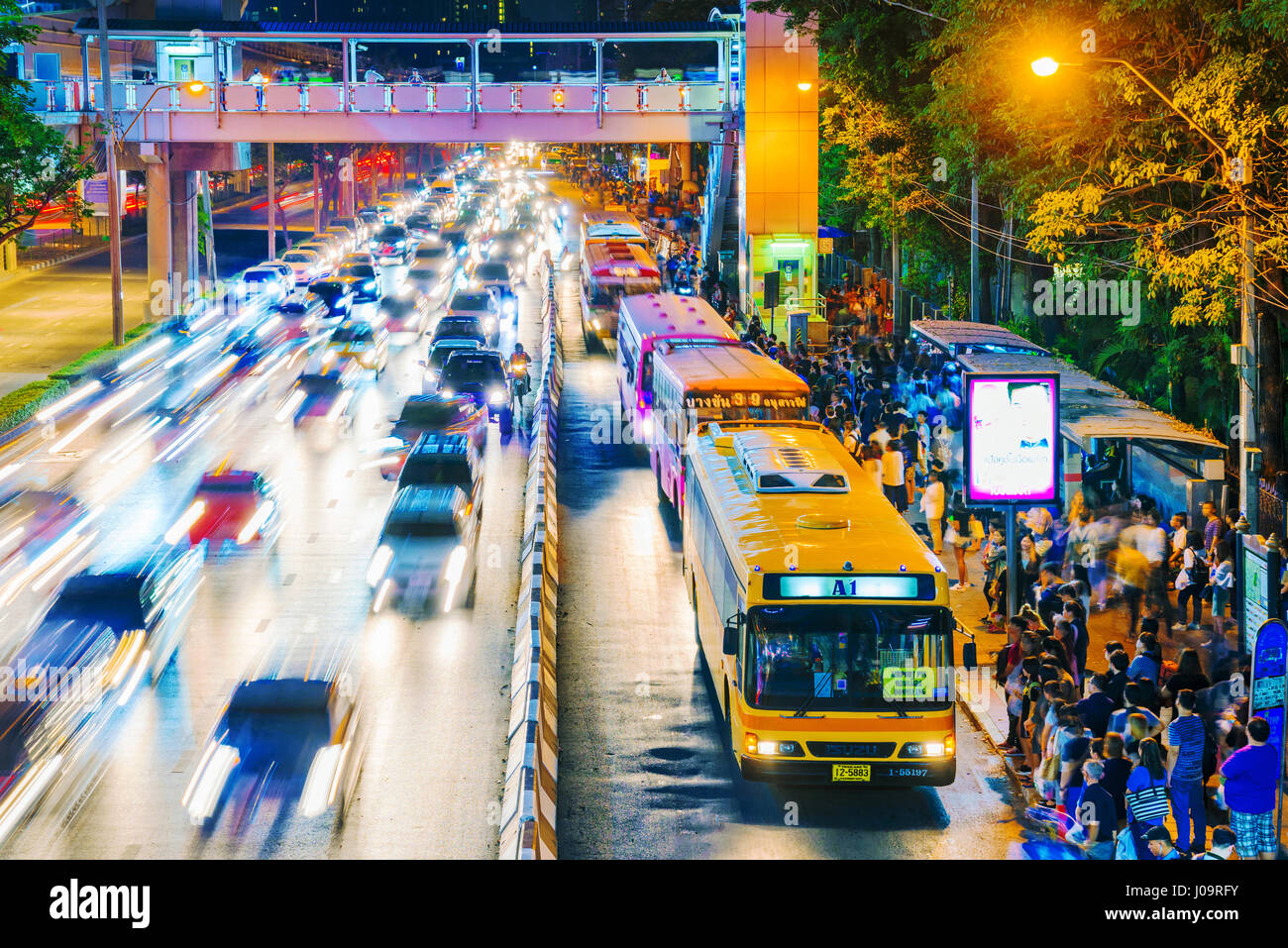 BANGKOK, THAILAND - FEBRUARY 04: Busy bus station in the Mo Chit area ...