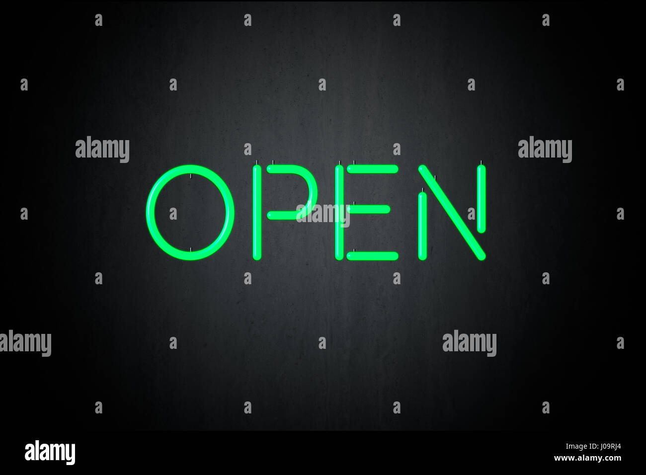 Electric signboard with bright neon lights, with open text on black ...