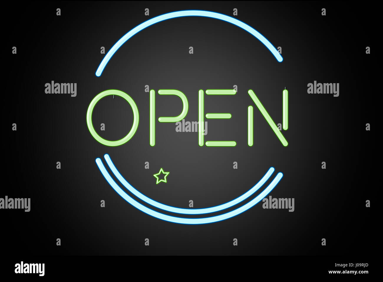 Electric signboard with bright neon lights, with open text on black ...
