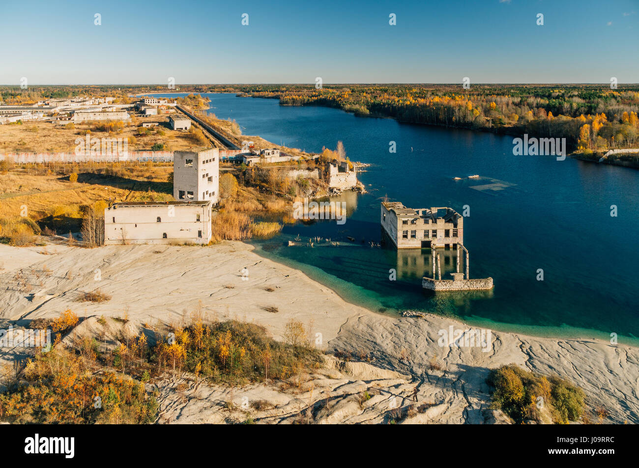 Abandoned Rummu quarry from above view. Autumn landscape by sunset ...