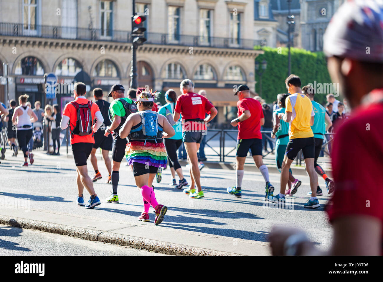 Paris, France - April 09, 2017 : Runners in rue de Rivoli during the ...