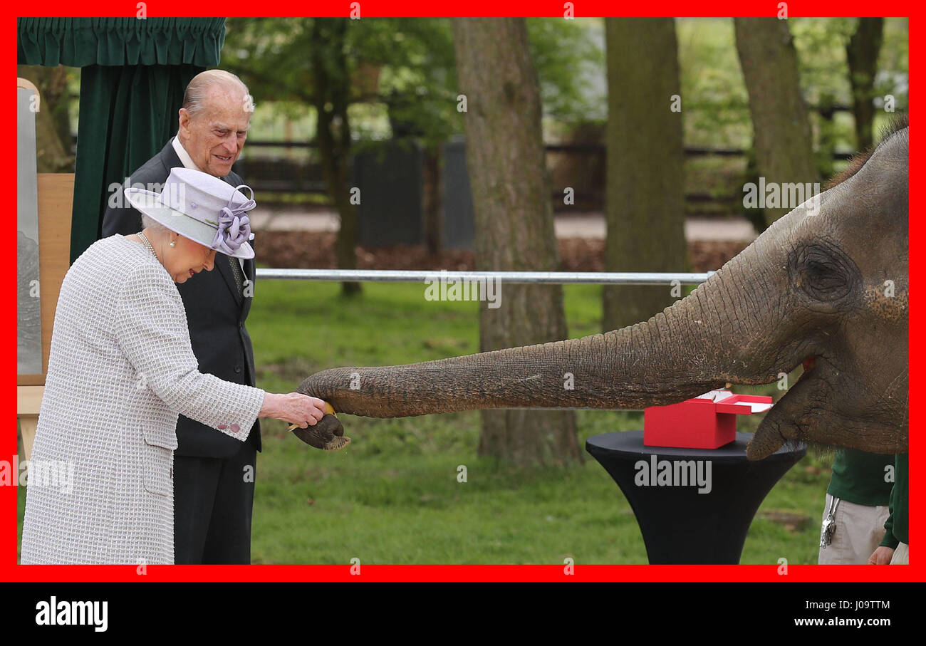 PABEST Queen Elizabeth II and the Duke of Edinburgh with an elephant at ...