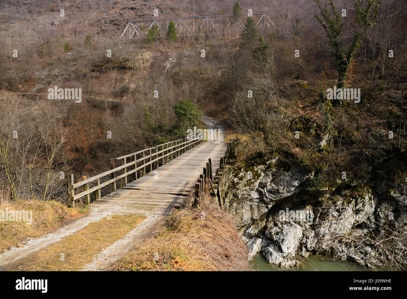 Bridge in rocky mountains above river, Lim river shore, Montenegro ...
