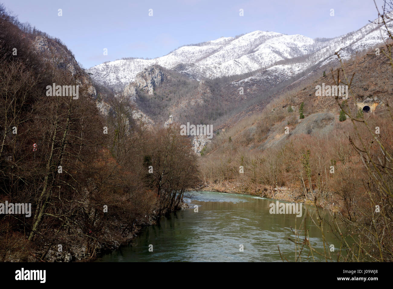 mountain river with rocky slopes, Lim river shore, Montenegro/Serbian ...