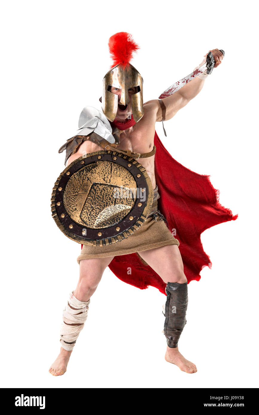 Ancient warrior or Gladiator posing over a white background Stock Photo ...
