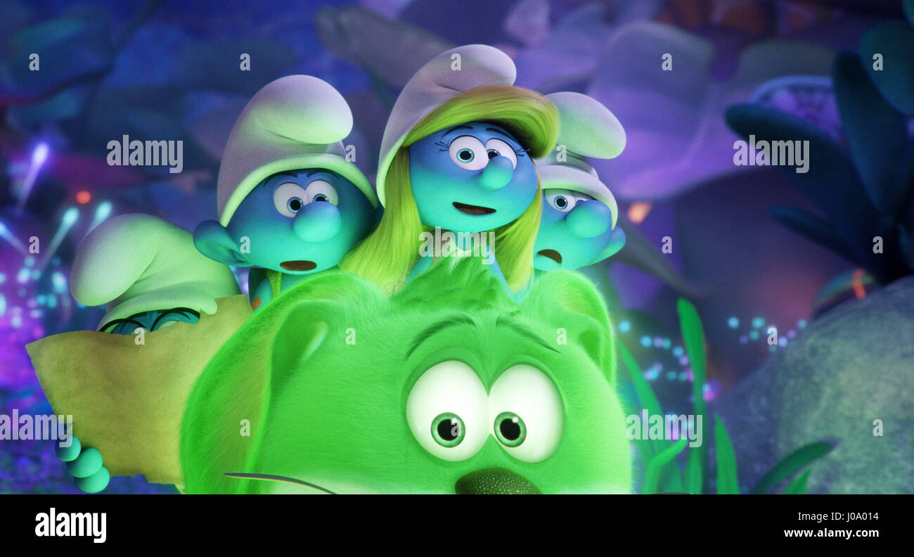 SMURFS: THE LOST VILLAGE, from left: Brainy (voice: Danny Pudi), Hefty ...