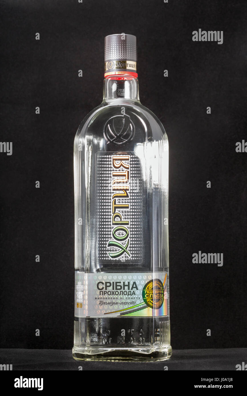 KIEV, UKRAINE - APRIL 17, 2016: Khortytsa Silver Cool vodka bottle ...