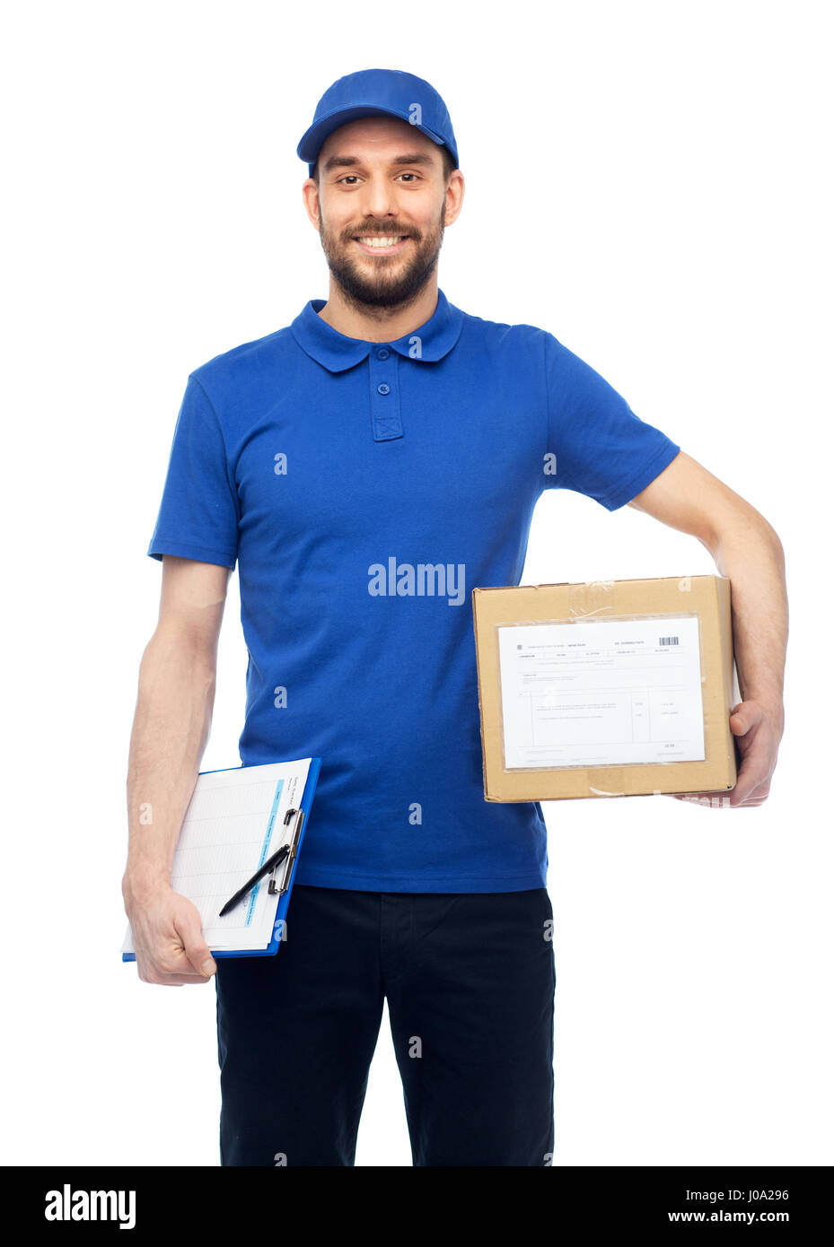 happy delivery man with parcel box and clipboard Stock Photo - Alamy