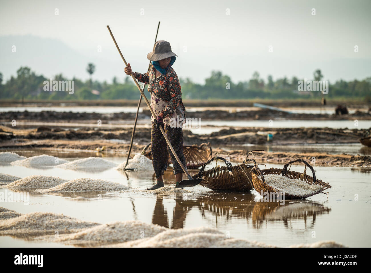 Local people working in the salt fields of Kampot, Cambodia, Asia Stock ...