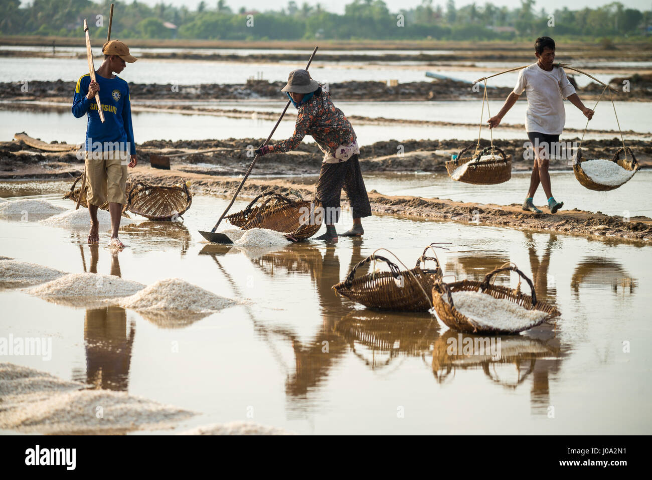 Local people working in the salt fields of Kampot, Cambodia, Asia Stock ...
