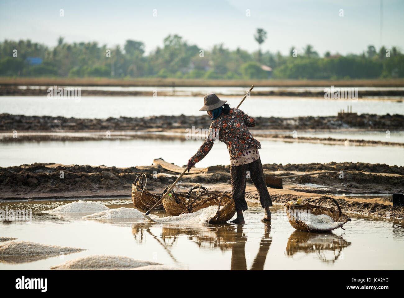 Local people working in the salt fields of Kampot, Cambodia, Asia Stock ...
