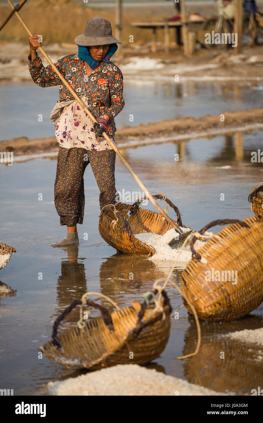 Local people working in the salt fields of Kampot, Cambodia, Asia Stock ...
