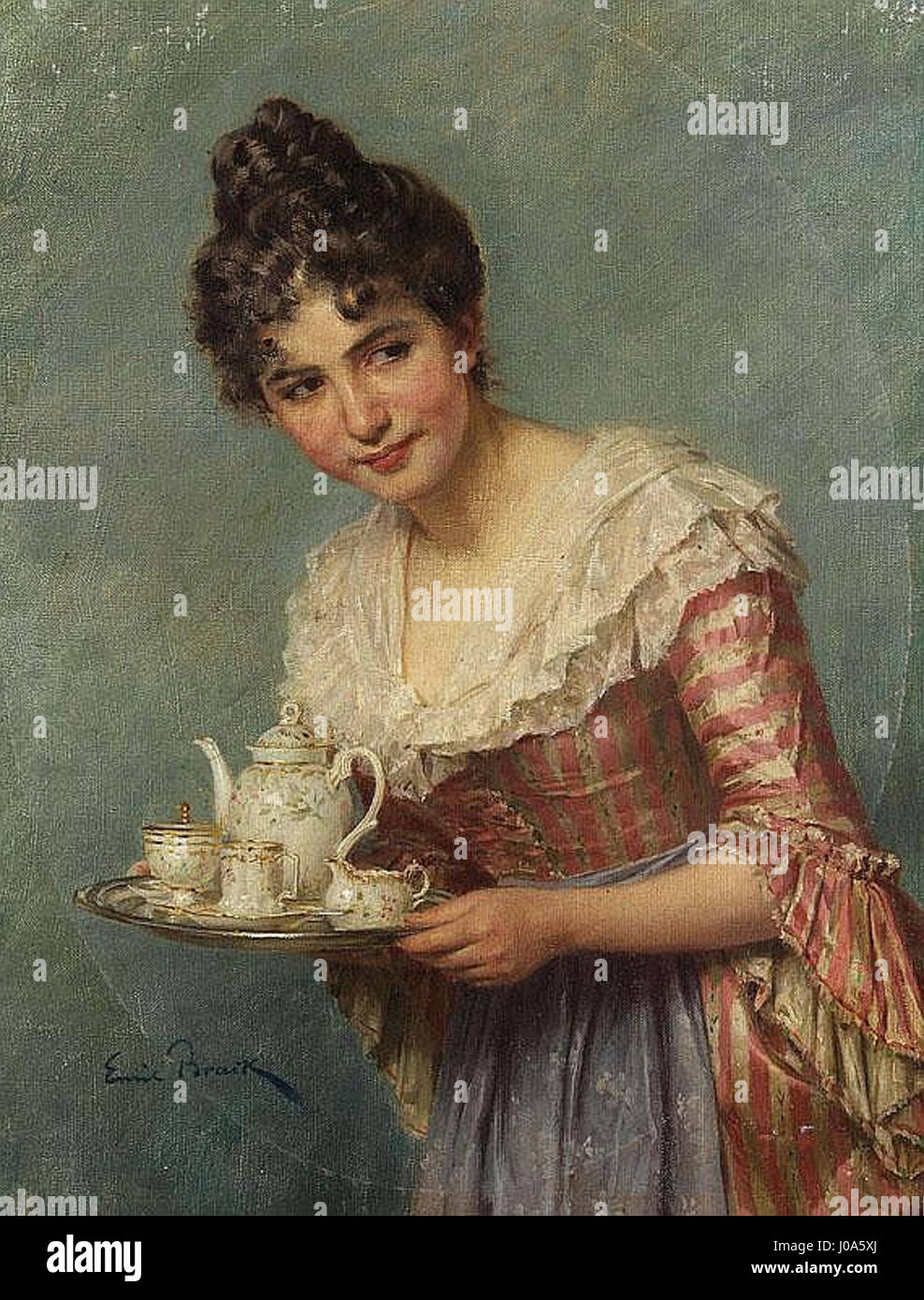 'Serviermädchen' by Emil Brack depicts a young woman serving drinks in ...