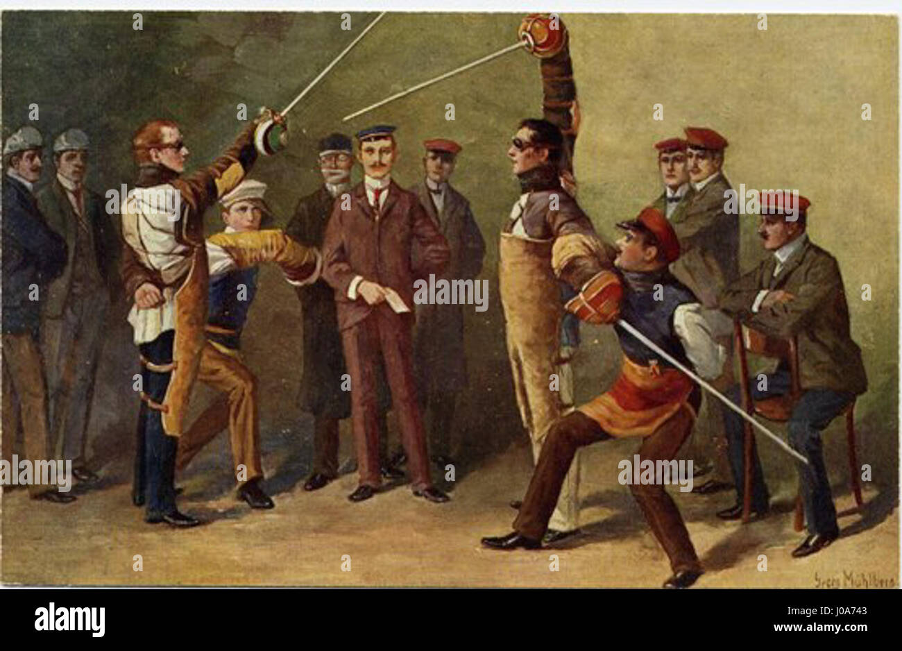 'Mühlberg - Auf die Mensur' is a historical artwork depicting a scene ...