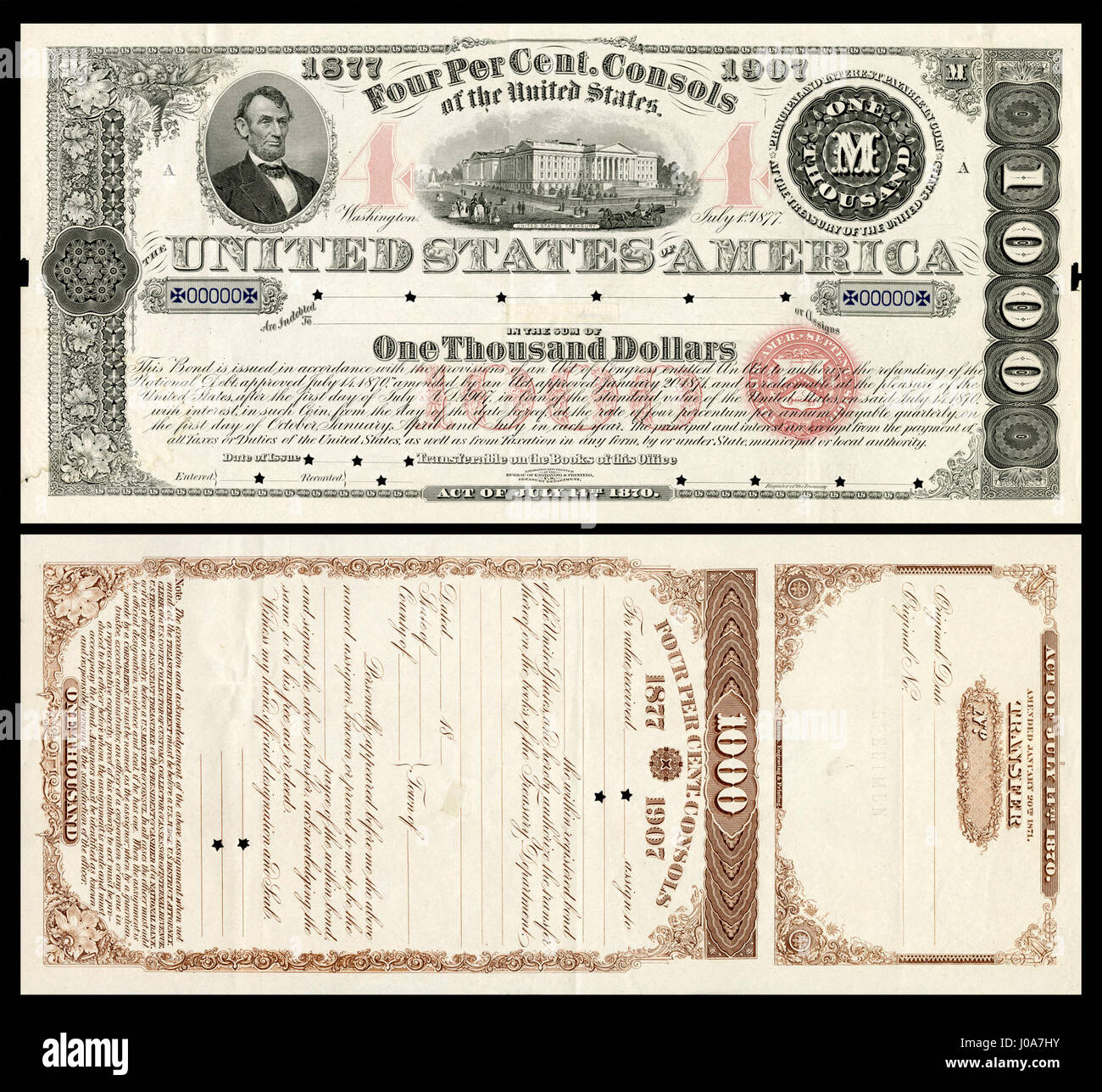 The US-B&L Consols 425-$1000-1877 specimen is a historical bond issued ...