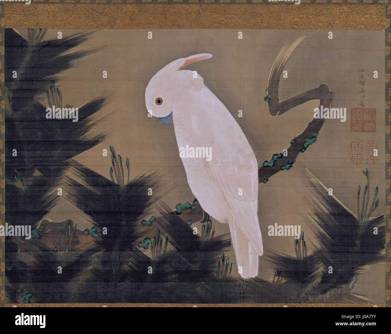 A Japanese painting by Ito Jakuchu, featuring a white cockatoo perched ...