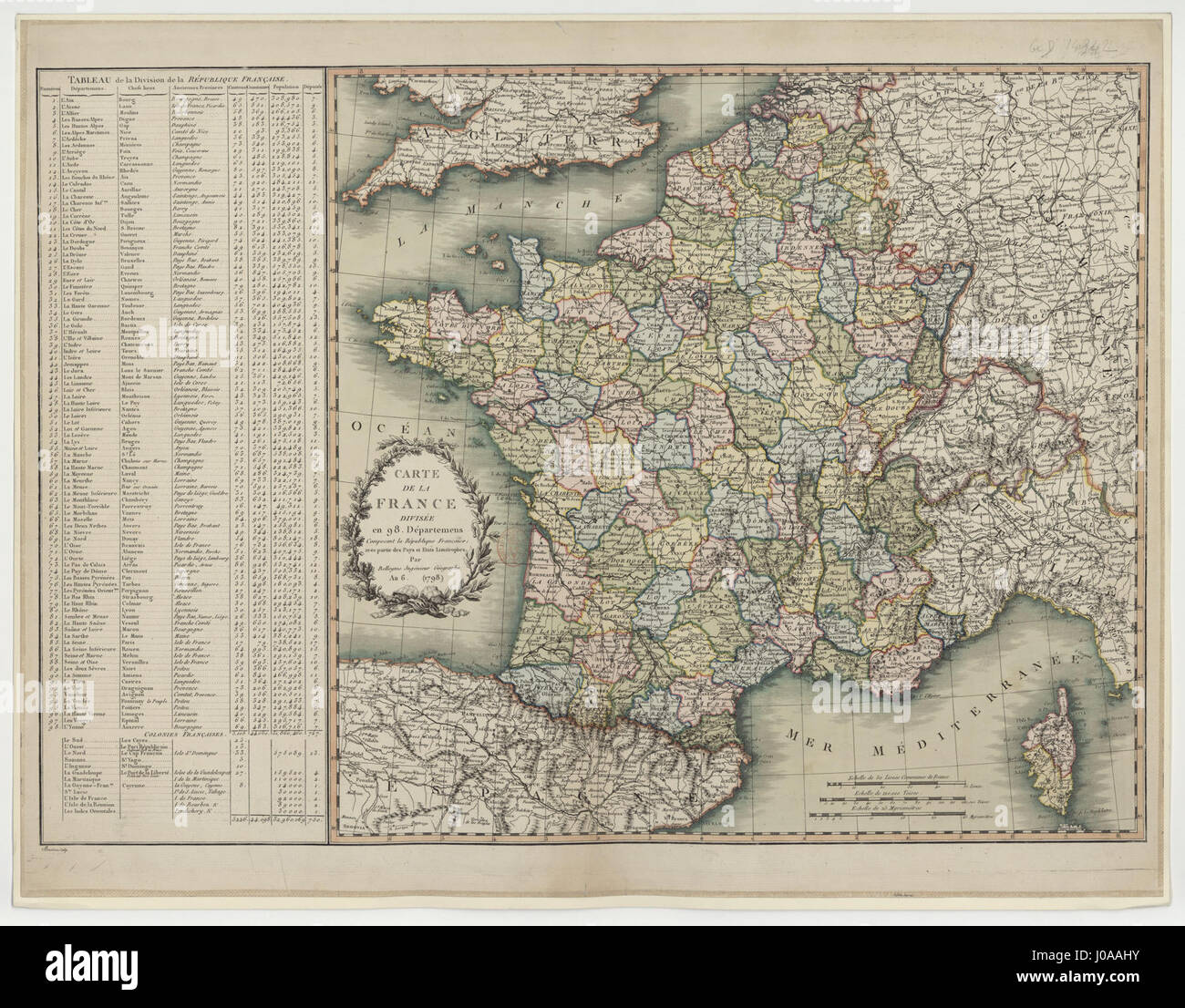 A historical map of France, created in 1798, showing the country's ...