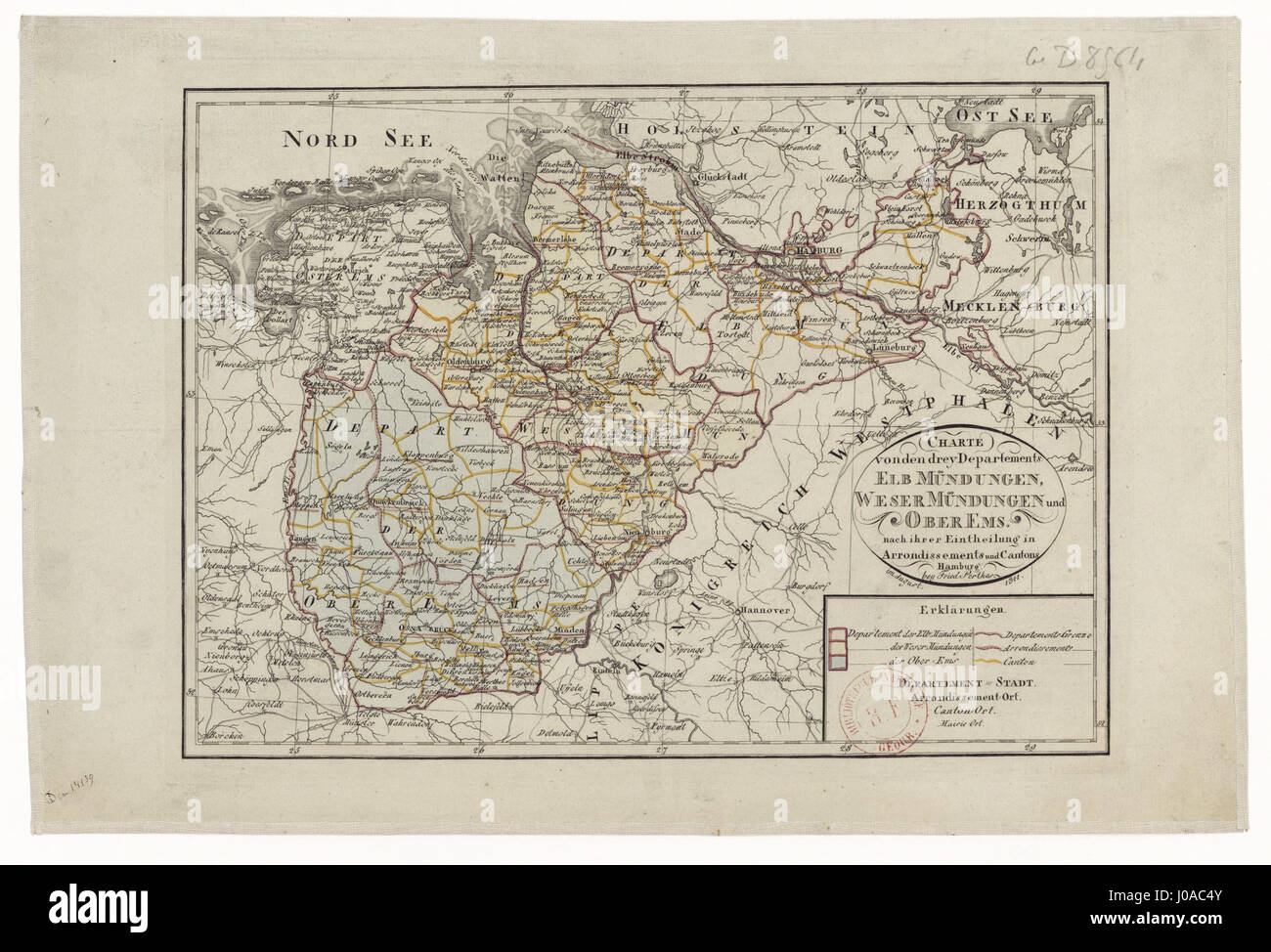 This 1811 map details the three German river departments—Elbe, Weser ...