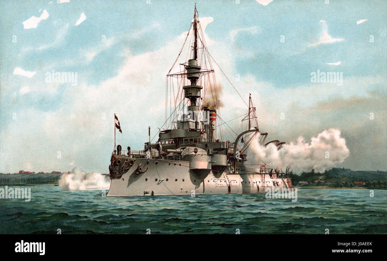 This image shows the German warship SMS Odin during a salute, captured ...