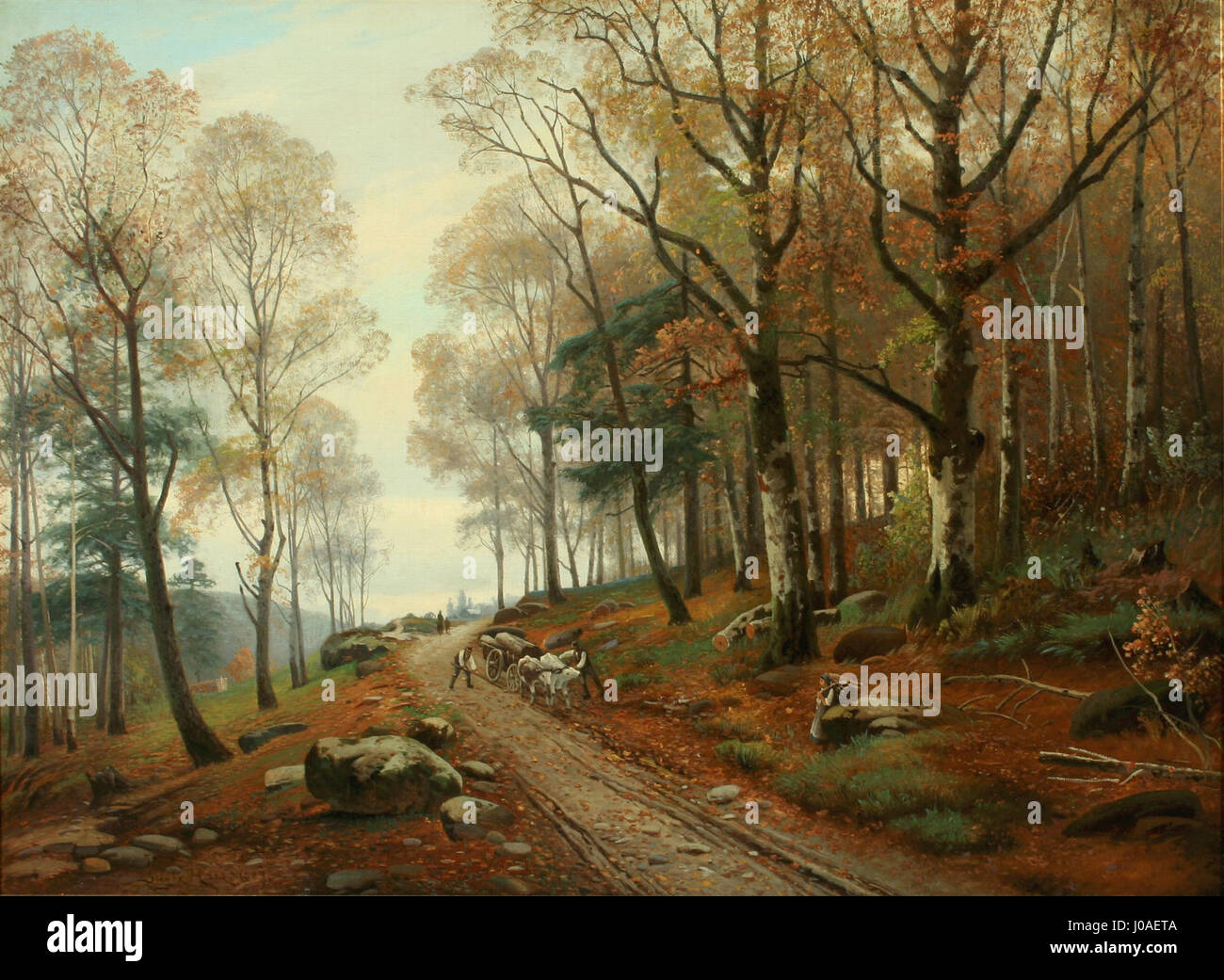 This painting by Siegfried Hass, titled 'Skovparti med skovhuggere og k ...