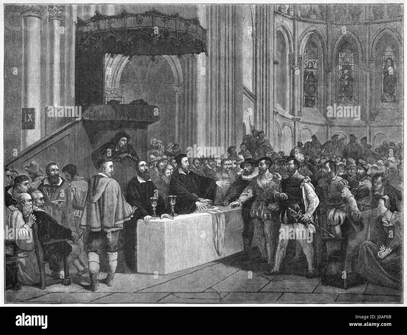 This painting depicts John Calvin refusing communion to libertines. The ...