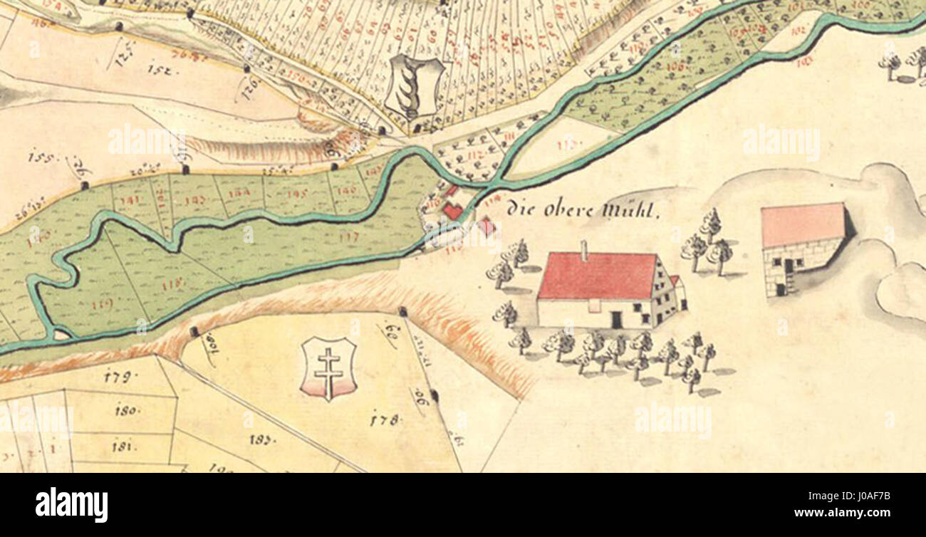 The ‘Obere Mühle Aussfeldkarte’ is a detailed map from 1752 depicting ...